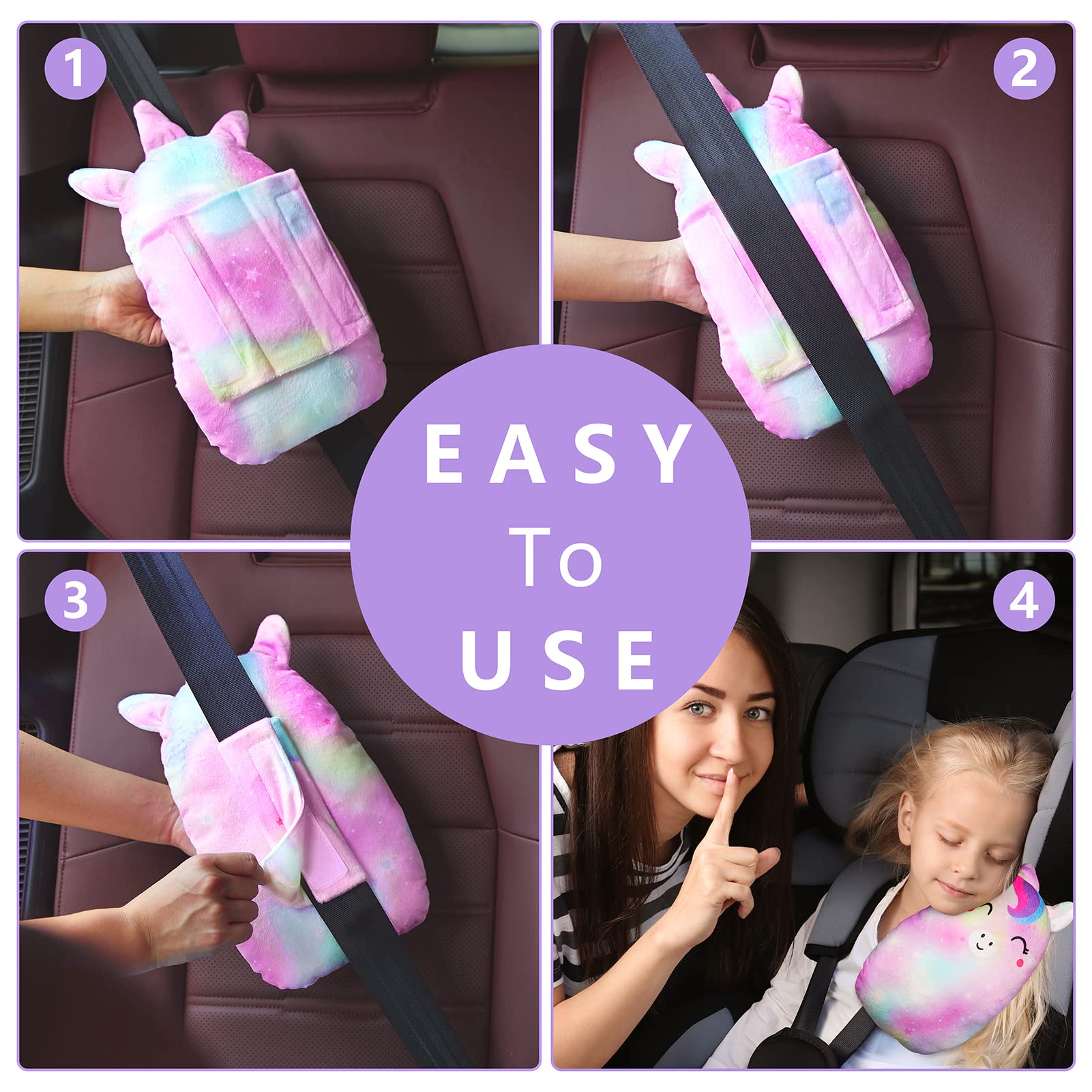 FIODAY Car Seat Belt Covers for Kids Unicorn Seat Belt Pillow Soft Seat Belt Cushion Adjust Seat Strap Pillow Head Neck Support for Children Baby Boys Girls Travel