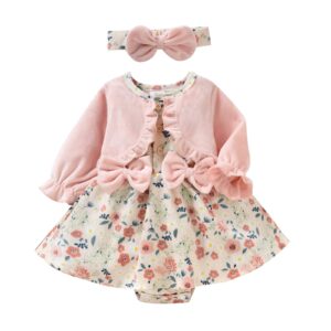 sasaerucure infant newborn baby girls fall winter corduroy dress long sleeve romper ruffle floral bodysuit fluffy cardigan set (pink, 0-3 months)