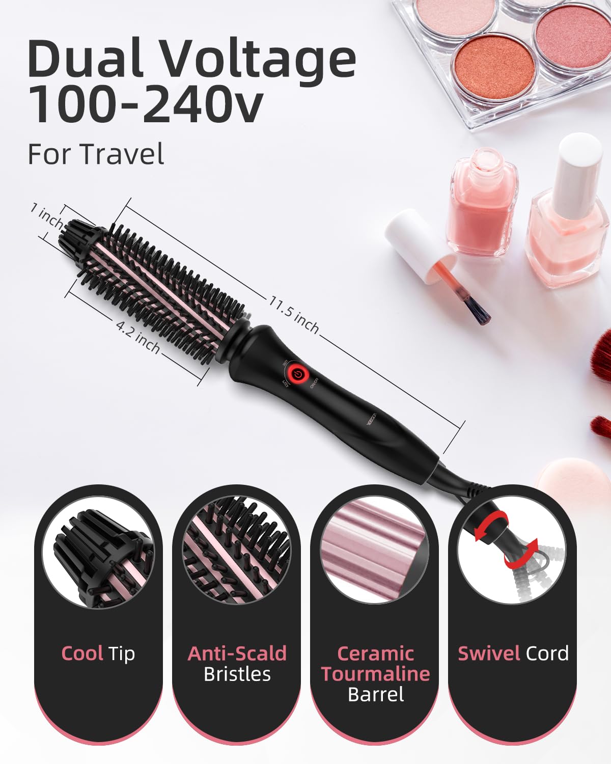 Curling Iron Brush 1 Inch, Heated Styling Round Brush Curling Iron Travel Dual Voltage，3 Temps Anti-Scald Hot Curling Brush Culer for Short Hair