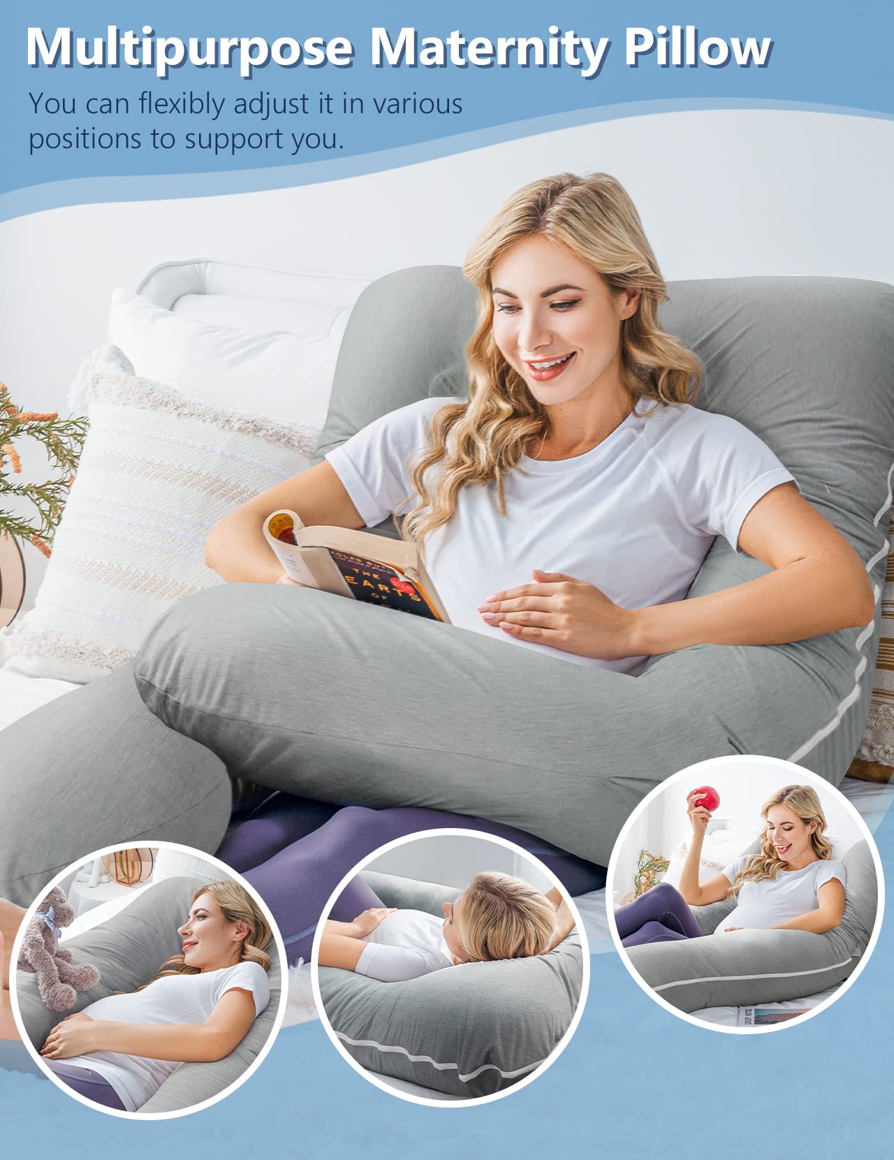 Meiz Pregnancy Pillows, Cooling Silky Pregnancy Pillows for Sleeping, 60" Full Body Maternity Pillow for Tall Pregnant Woman with Cooling Silk Jersey Cover, Grey