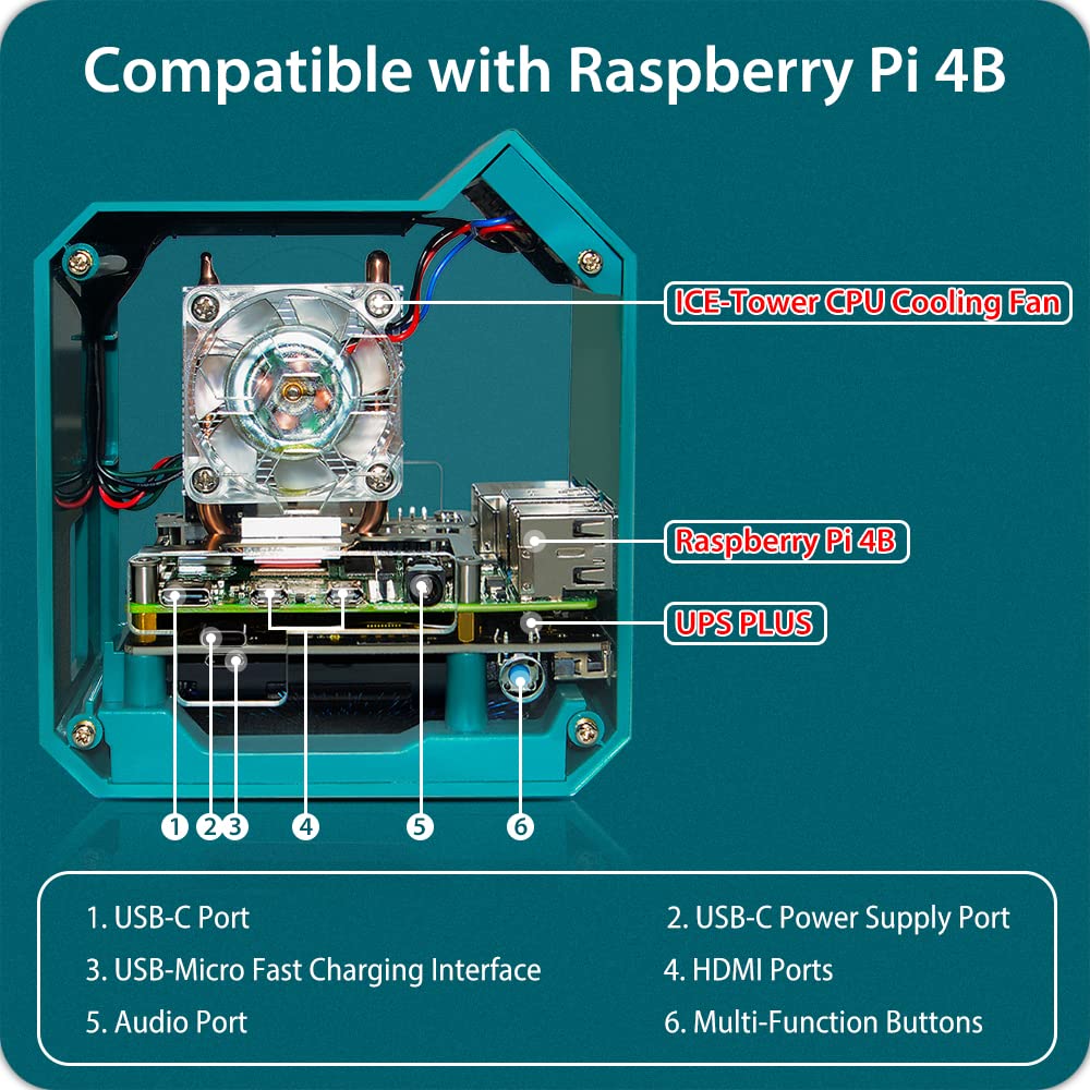 GeeekPi Case for Raspberry Pi 4, Pi 4 Mini Tower Case with ICE Tower Cooler, with UPS Plus Hat, 0.96 inch OLED Display, GPIO 1 to 2 Expansion Board for Raspberry Pi 4 Model B