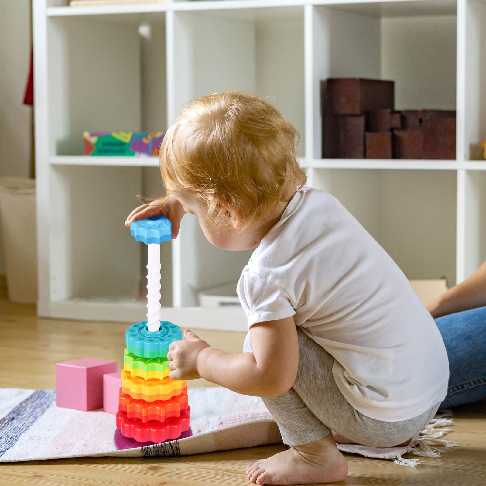 NiToy Spinning Stacking Toy for Kids, Rainbow Tower Dual-Color Spinning Wheels Premium Strong BPA-Free ABS Plastic Early Education Fun Learning and Engaging Brain Development Toys (Large 6th Floor)