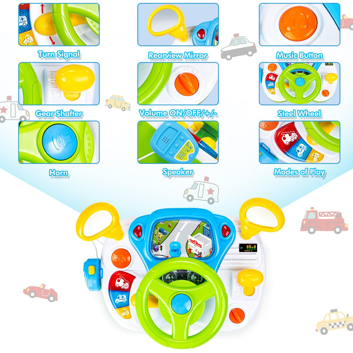 AMOSTING Steering Wheel Toys for Toddler Boys Girls, Interactive & Learning Baby Car Seat Toys for Infant Preschool Kids