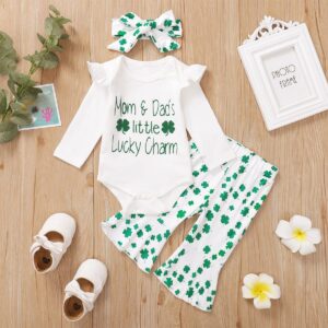 Shalofer Baby St Patricks Day Outfit Girl Newborn My First St Patrick's Day Bodysuit(Green-Flare pants,0-3 Months)