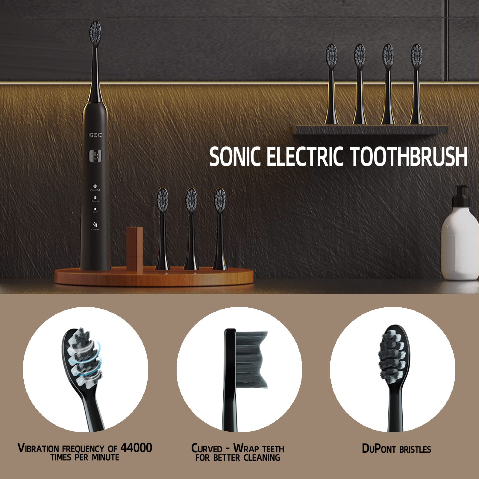 GEC Sonic Electric Toothbrush with 8 Brush Heads for Adults,6 High Power Brushing Modes,2 Minutes Build in Smart Timer Electric Toothbrush for Adult and Kids