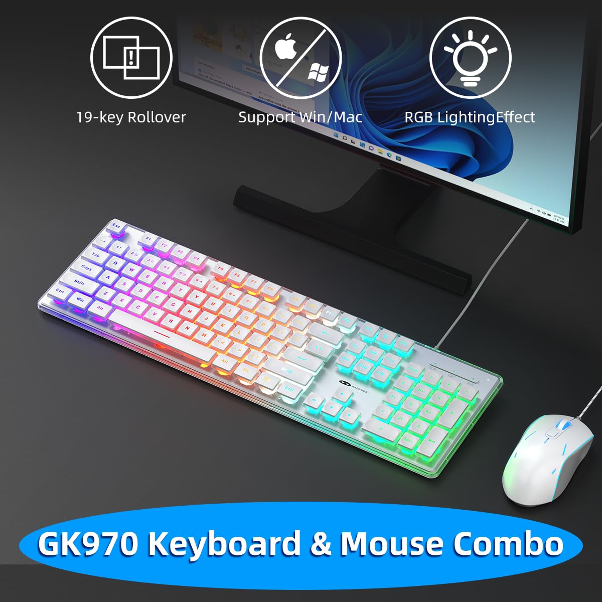 Camiysn Gaming Keyboard, Wired Keyboard with RGB Backlit, Full Size Keyboard with White&Pink Mixed Color Keycaps, Keyboard with 26 Keys Anti-ghosting for Computer/PC/Laptop/Mac/Windows/Office