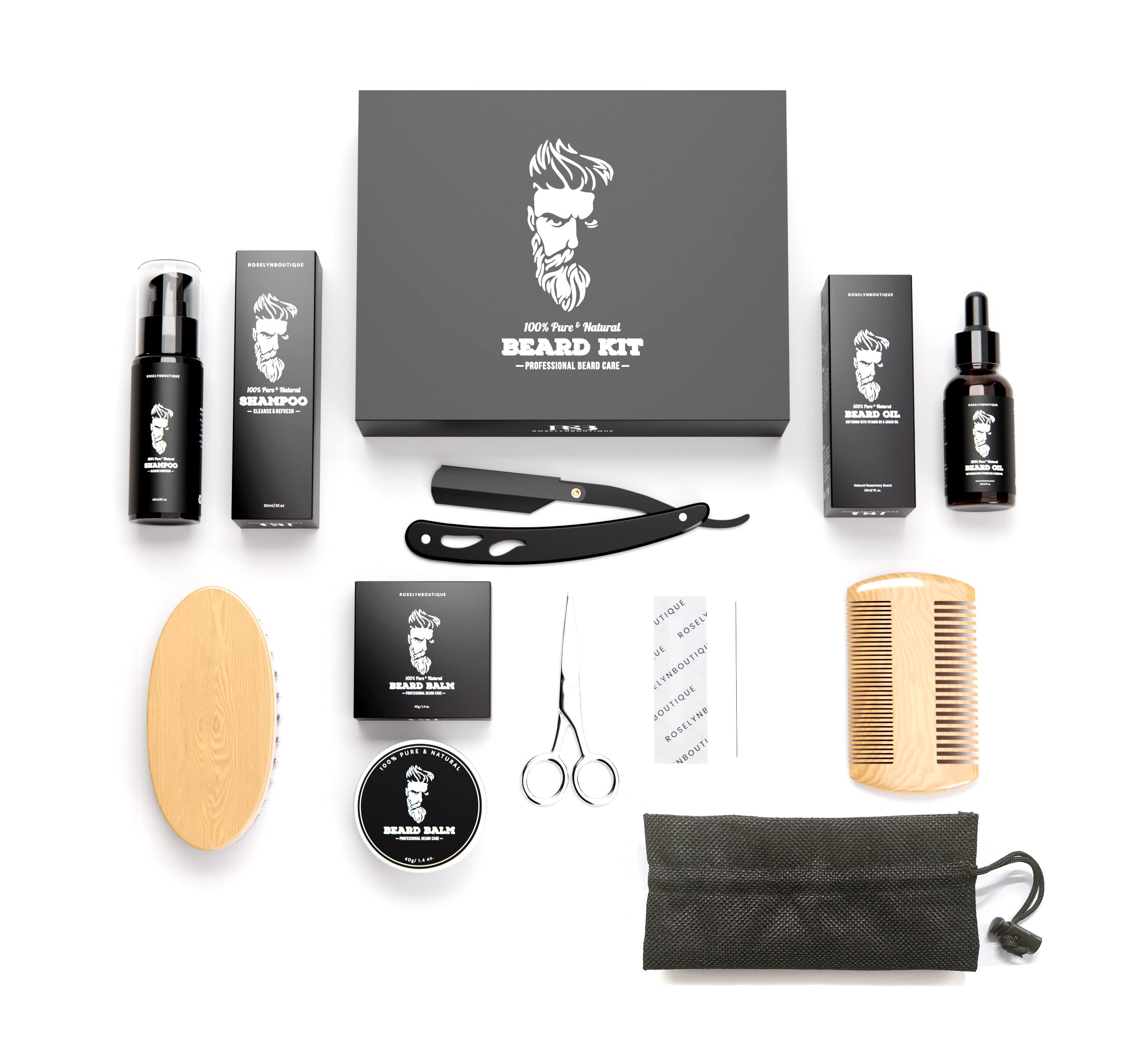 Beard Kit Brush Comb Scissors with Storage Bag Beard Growth Care Gifts for Men (Grooming Set)