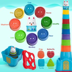 OWNONE 1 Baby Stacking Cups, Nesting Cups for Toddlers 1-3, 15Pcs Colorful Building Cups for Infants