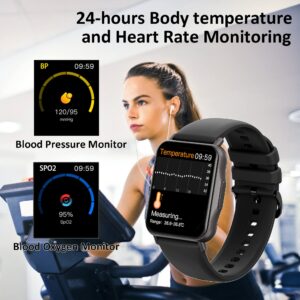 Hongmed Smart Watch, 1.69"(43mm) Fitness Watch with Temperature Blood Pressure Oxygen Monitor for Android Phones and iPhone Compatible, Waterproof Activity Tracker for Men and Women Black