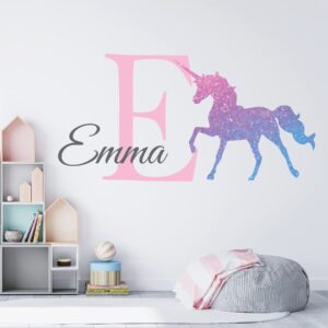 unicorn name wall decal custom art decor sparkle sticker girl room personalized glitter