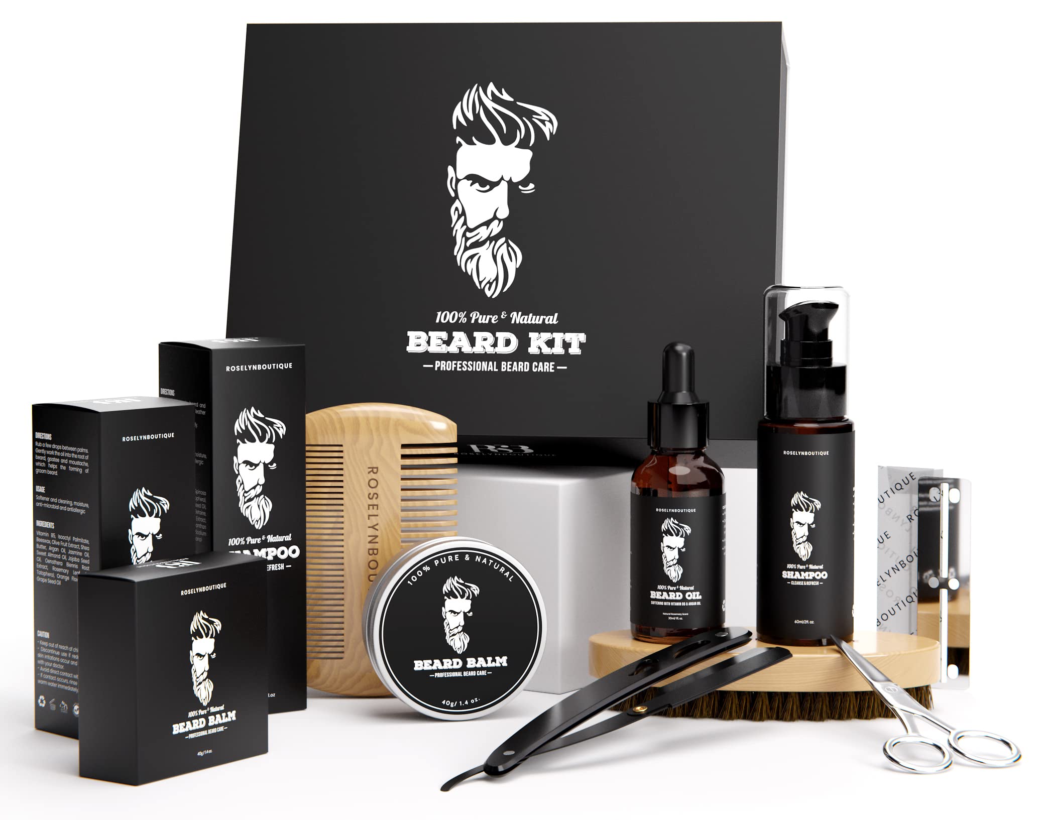 Beard Kit Brush Comb Scissors with Storage Bag Beard Growth Care Gifts for Men (Grooming Set)