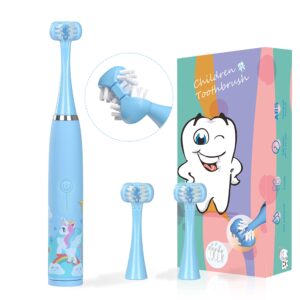 sunartec kids electric toothbrush, six-sided inside and outside cleaning rechargeable sonic toothbrushes with timer &2 brush heads & four cleaning modes, training brushing teeth for kids gifts(blue)