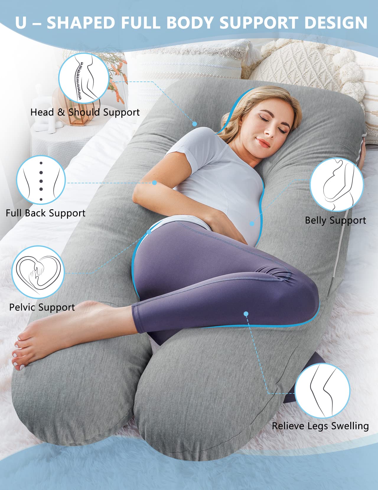 Meiz Pregnancy Pillows, Cooling Silky Pregnancy Pillows for Sleeping, 60" Full Body Maternity Pillow for Tall Pregnant Woman with Cooling Silk Jersey Cover, Grey