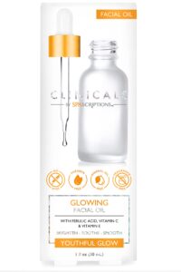 spascriptions clinicals glowing facial oil with ferulic acid, vitamin c, and vitamin e to brighten, soothe and smooth your skin to a youthful glow