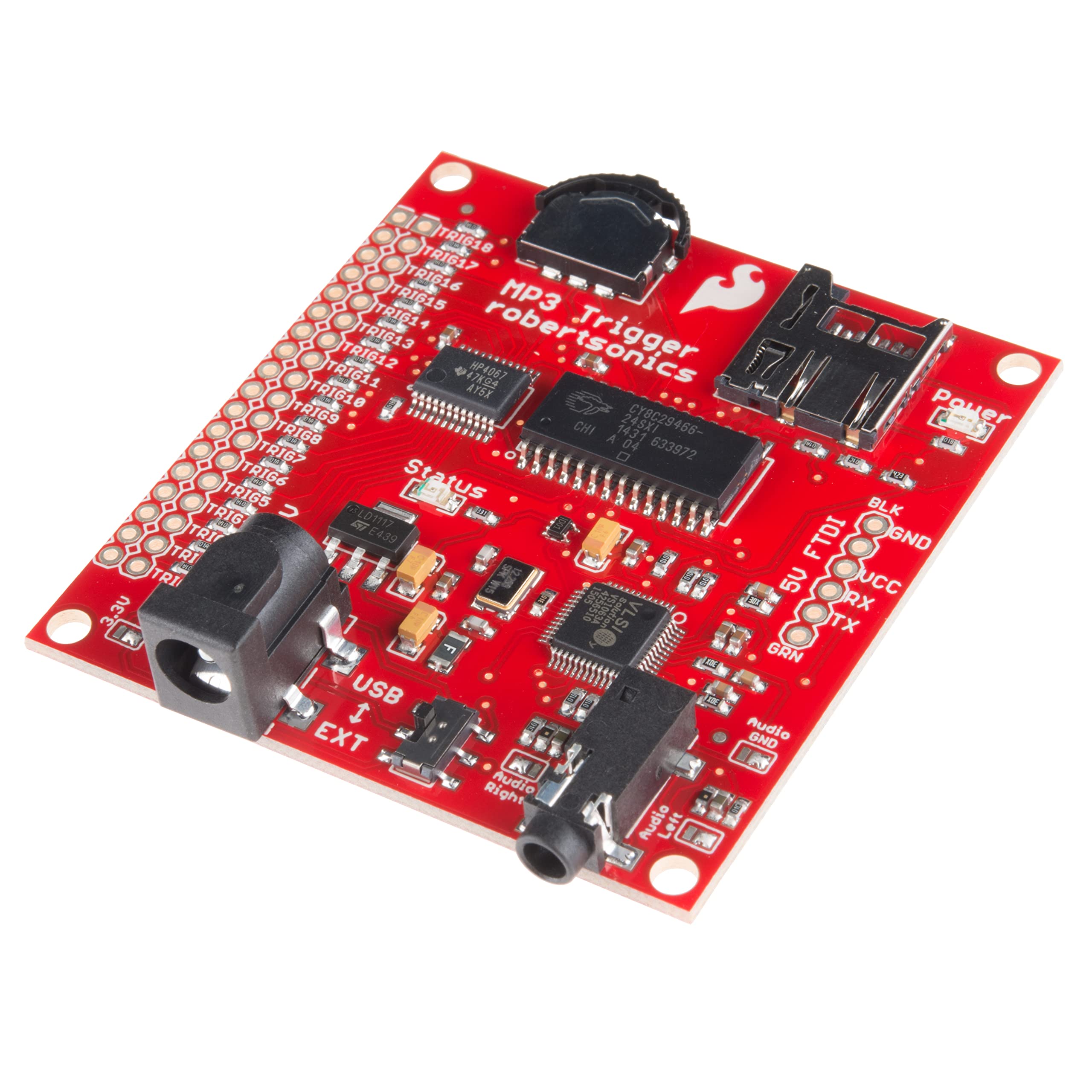 SparkFun MP3 Trigger - 18 Trigger inputs to Alternate Functions Random & sequential Track Selection Transport Controls Even Volume up/Down Real-Time Volume Control Full-Duplex Serial Control