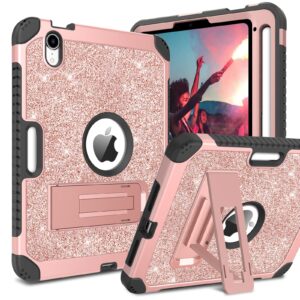 bentoben ipad mini 6 case, ipad mini 6th generation case, glitter sparkly 3 layers shockproof kickstand with pencil holder protective kids girls women tablet cover for ipad mini 6 2021 8.3", rose gold