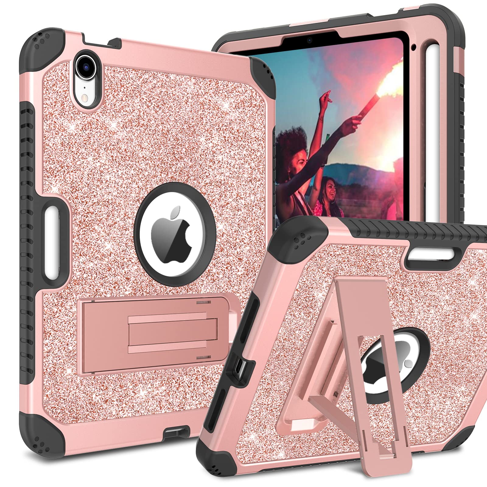 BENTOBEN iPad Mini 6 Case, iPad Mini 6th Generation Case, Glitter Sparkly 3 Layers Shockproof Kickstand with Pencil Holder Protective Kids Girls Women Tablet Cover for iPad Mini 6 2021 8.3", Rose Gold