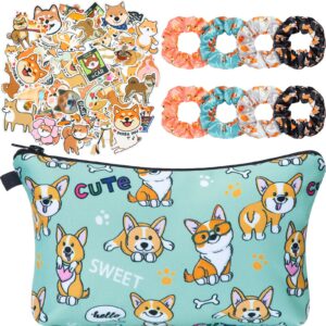 8 pcs corgi dog hair scrunchies 1 corgi makeup bag and 50 pcs welsh corgi pembroke stickers,cotton corgi scrunchy corgi print travel makeup pouch pencil case presents for women girls