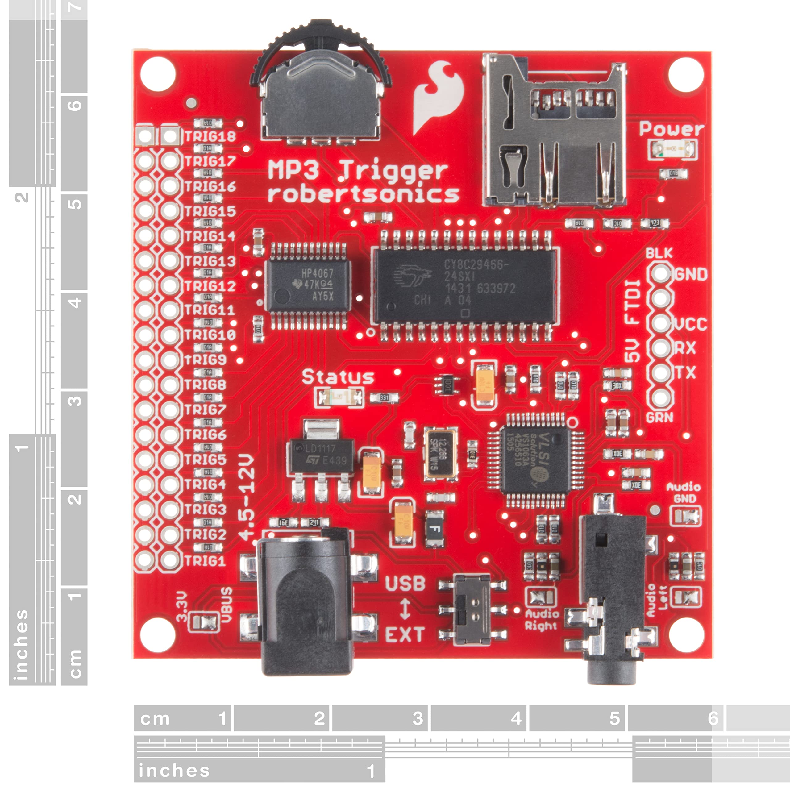 SparkFun MP3 Trigger - 18 Trigger inputs to Alternate Functions Random & sequential Track Selection Transport Controls Even Volume up/Down Real-Time Volume Control Full-Duplex Serial Control