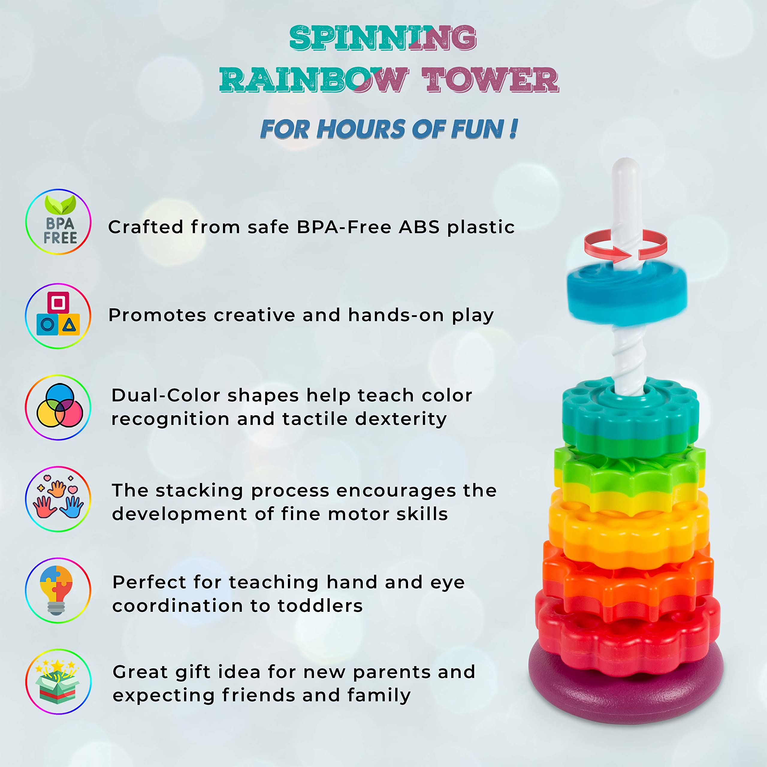 Ollie & Olive learn & play Spinning Toy Rainbow Spinning Stacking Tower - Stacking Toy for Toddlers and Babies 12 Months+ - Fun Educational - Hand Eye Coordination - Learning Toy for Boys and Girls