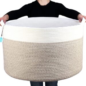 casaphoria xxxlarge cotton rope basket for living room - woven storage basket with handle for blankets, towels and pillows laundry hamper | cream white and brown (22" x 22" x 14")