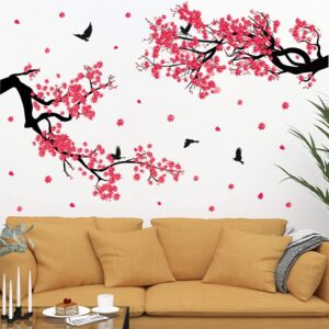 woyinis 3d cherry blossom wall stickers, tree branch birds and falling flowers petals wall decals, peel & stick women girls bedroom wall decals stickers art for living room bedroom office wall decor