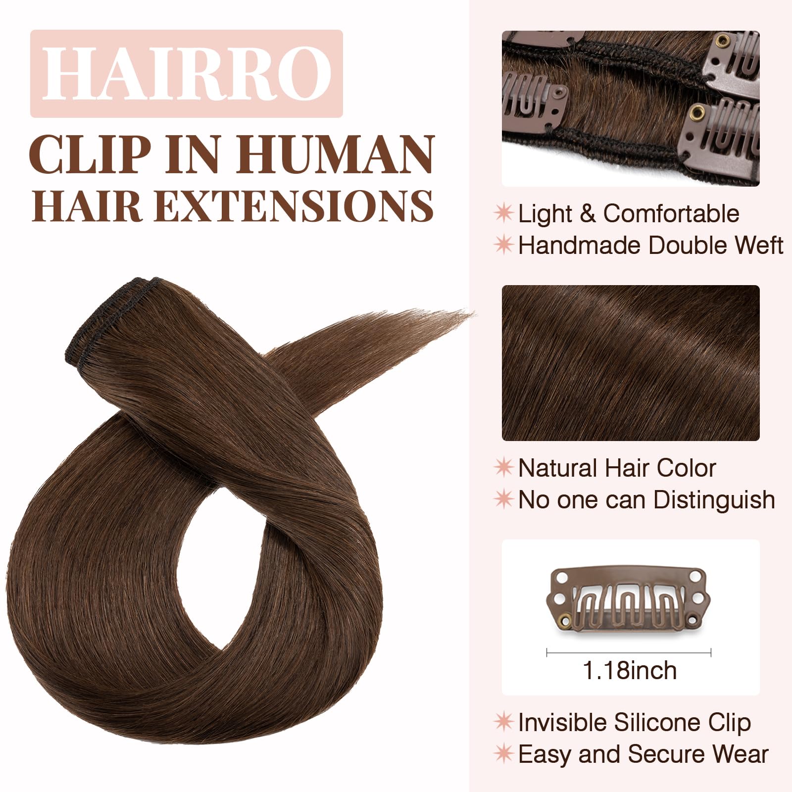 Hairro 100% Real Human Hair Clip in Extensions 8 Inch Short #4 Medium Brown 45g Thin 8 Pcs 18 Clips Straight Clip on Human Hairpieces for Women