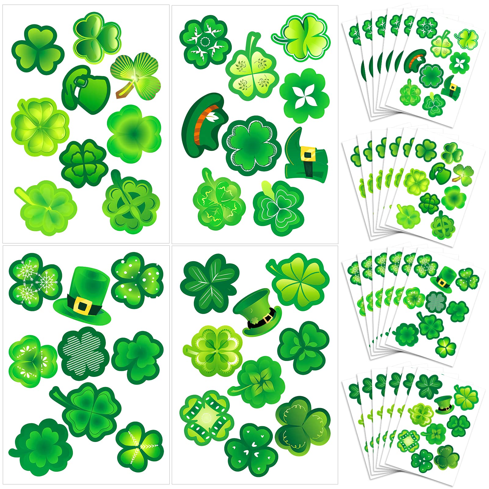 Qpout 216pcs St.Patrick's Day Stickers, Green Shamrock Four-leaf Clover Leprechaun Hat Self-Adhesive Stickers, for St. Patrick's Day Party Favor Cards Envelopes Scrapbooking Presents Labels Decoration