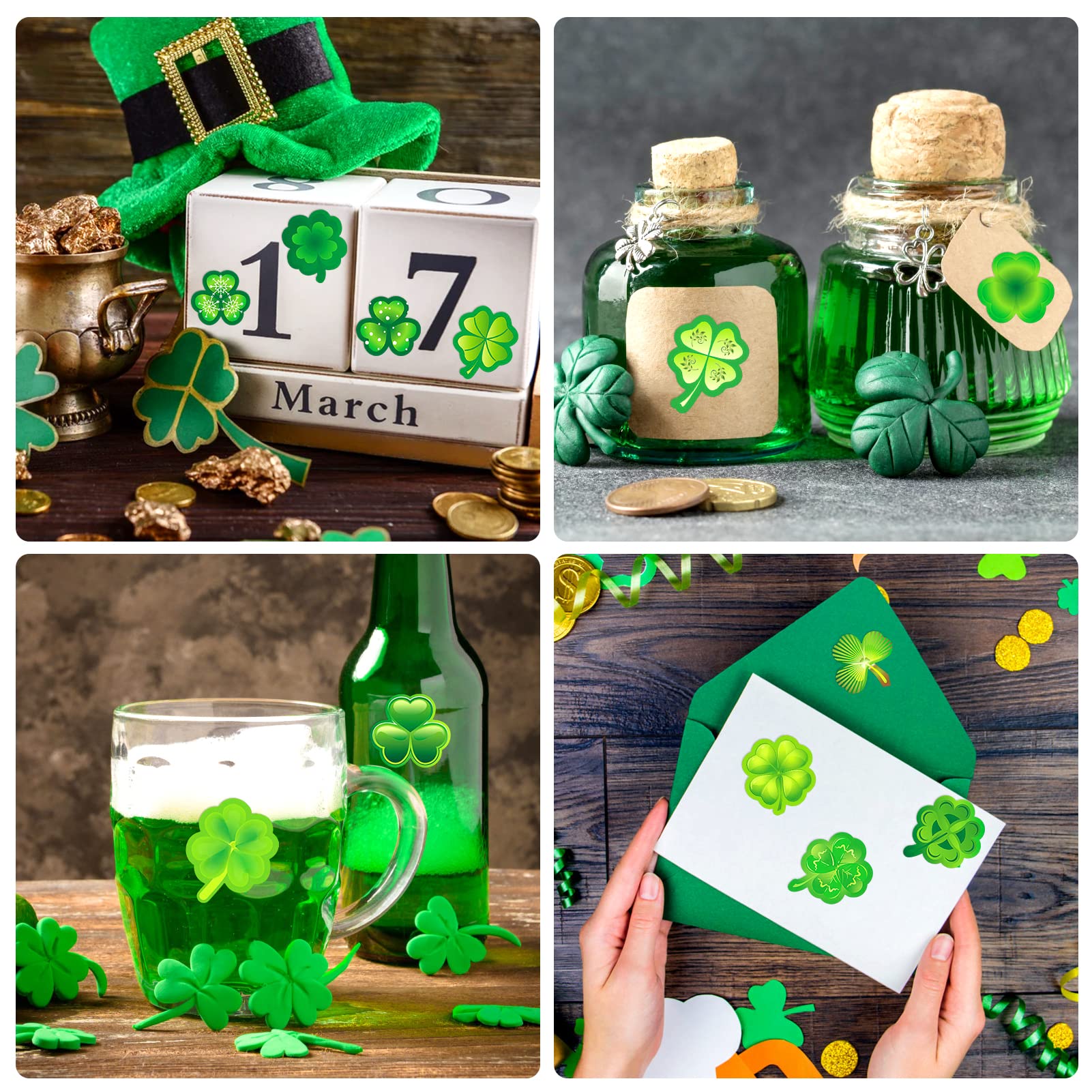 Qpout 216pcs St.Patrick's Day Stickers, Green Shamrock Four-leaf Clover Leprechaun Hat Self-Adhesive Stickers, for St. Patrick's Day Party Favor Cards Envelopes Scrapbooking Presents Labels Decoration