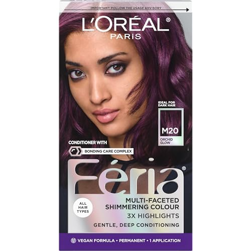 L'Oreal Paris Feria Midnight Bold Multi-Faceted Permanent Hair Dye, One-Step Hair Color Kit for Dark Hair, No Bleach Required, Orchid Glow