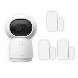 aqara 2k security indoor camera hub g3 plus 3 door and window sensor, ai facial and gesture recognition, infrared remote control, 360° viewing angle via pan and tilt