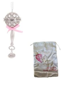 hallmark premium baby's first christmas silver baby rattle with pink ribbon 2022 metal ornament with queen of the castle satin gift bag