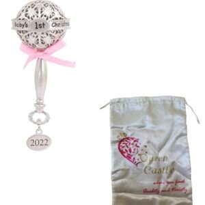 Hallmark Premium Baby's First Christmas Silver Baby Rattle with Pink Ribbon 2022 Metal Ornament with Queen of the Castle Satin Gift Bag