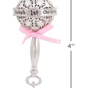 Hallmark Premium Baby's First Christmas Silver Baby Rattle with Pink Ribbon 2022 Metal Ornament with Queen of the Castle Satin Gift Bag