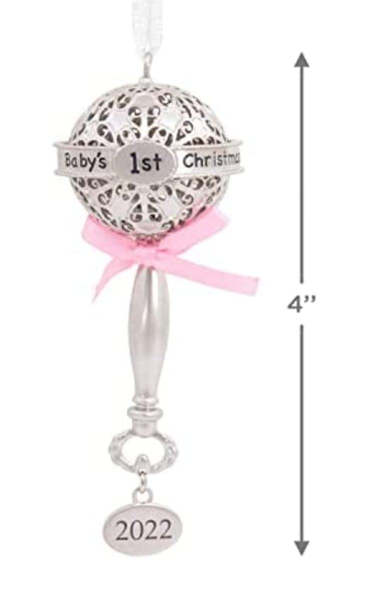 Hallmark Premium Baby's First Christmas Silver Baby Rattle with Pink Ribbon 2022 Metal Ornament with Queen of the Castle Satin Gift Bag