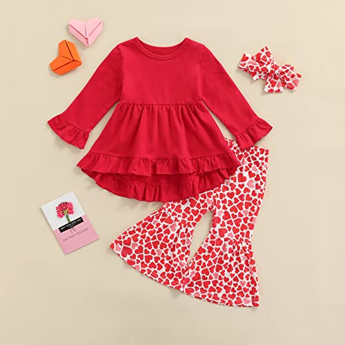 3Pcs Kids Toddler Baby Girl Valentine 's Day Outfits Red Long Sleeve Ruffle Shirt Heart Print Bell Bottom Pant Headband (Red, 90)