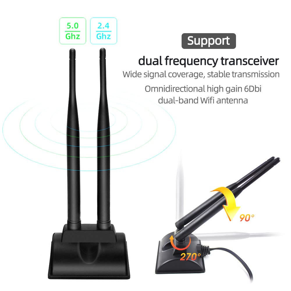 2.4GHz 5GHz Dual Band RP-SMA Male WiFi Antenna + IPEX MHF4 to RP-SMA Female Cable 9.8 inch for M.2 NGFF Network Card PC Computer