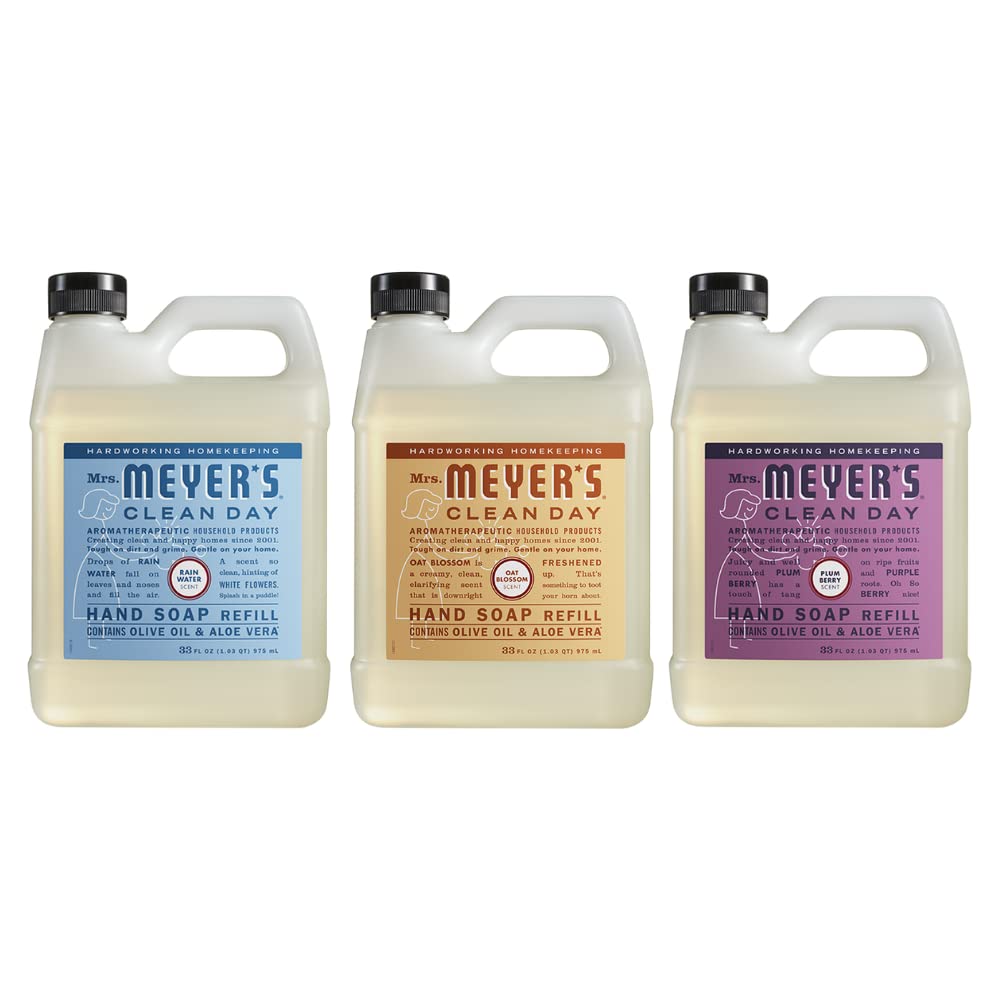 Meyers Mrs Clean Day Liquid Hand Soap Refill Variety Pack, 1 Rain Water Scent, 1 Oat Blossom Scent, 1 Plum Berry Scent, 33 FL OZ (3 CT)