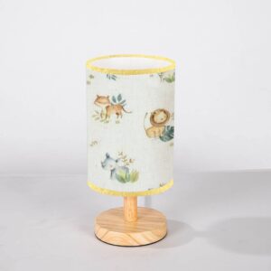 LOPYEIJFG Minimalist Bedside Table Lamp Safari Animals Watercolor Cute Baby Nursery Seamless Wood Nightstand Lamp Bedside Desk Lamp Wood Base Flaxen Fabric Shade for Bedroom Living Room, 5.5x11inch