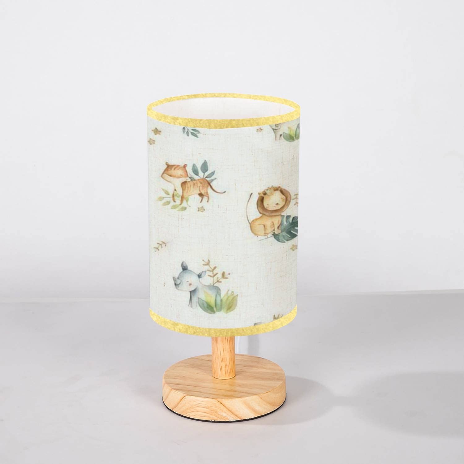 LOPYEIJFG Minimalist Bedside Table Lamp Safari Animals Watercolor Cute Baby Nursery Seamless Wood Nightstand Lamp Bedside Desk Lamp Wood Base Flaxen Fabric Shade for Bedroom Living Room, 5.5x11inch