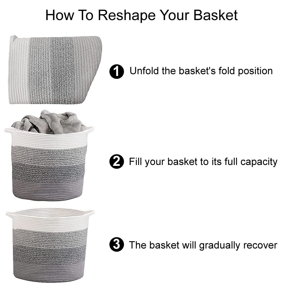 Laundry Basket Organizing,Kid Laundry Hamper, Decorative Woven Cotton Rope Basket, Blanket Basket for Storage, Baby and Dog Toy Storage Baskets Bin, Towel Basket, 4-Tone Dark Gray, 2PCS, 15.4" x14.2"