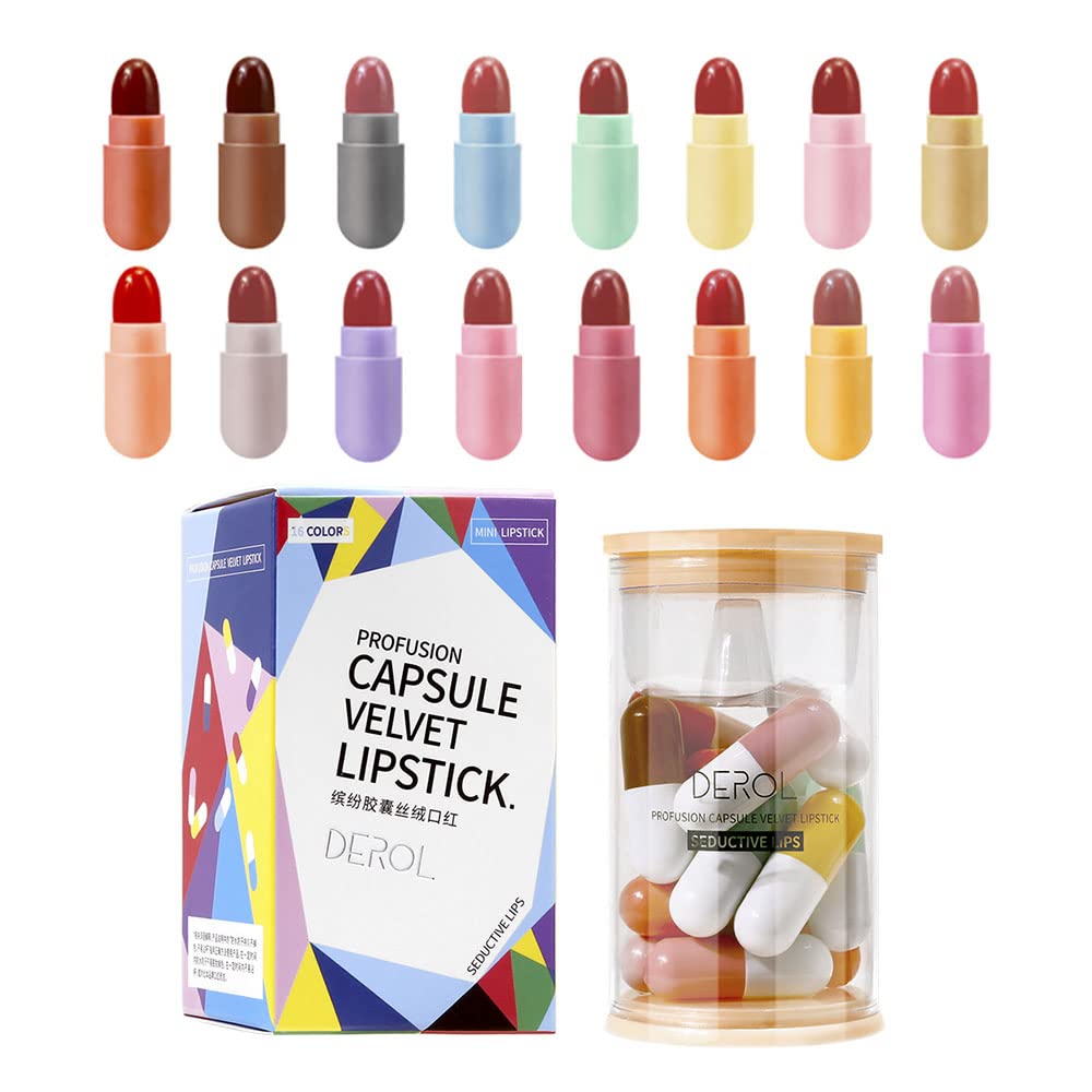 SWETIYOU Pill Lipstick Capsules, 16 Pcs Mini Matte Lipstick Set Cute Capsule Waterproof Lipstick Long Lasting Mini Capsules Lipstick Velvet Matte Lipstick Set 0.035lb