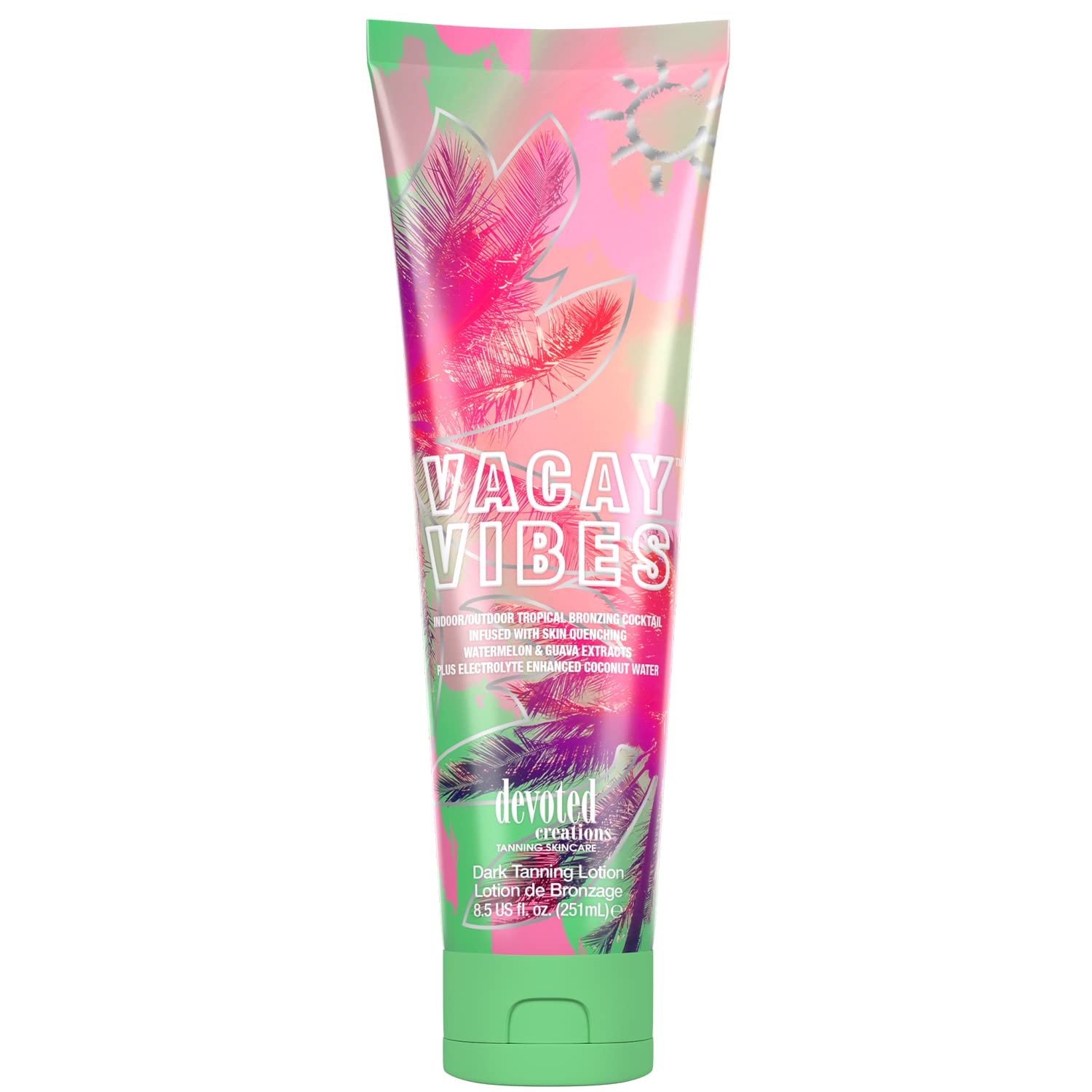 Devoted Creations Vacay Vibes Tanning Lotion – Indoor/Outdoor Tropical Bronzing Cocktail Infused with Skin Quenching Watermelon and Guava Extracts, plus Electrolyte Enhanced Coconut Water – 8.5 oz.