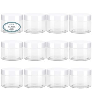 12 pack 4 oz small plastic containers with lids and labels, clear round empty jars refillable cosmetic jars for body butter, lotion, body scrub and face cream