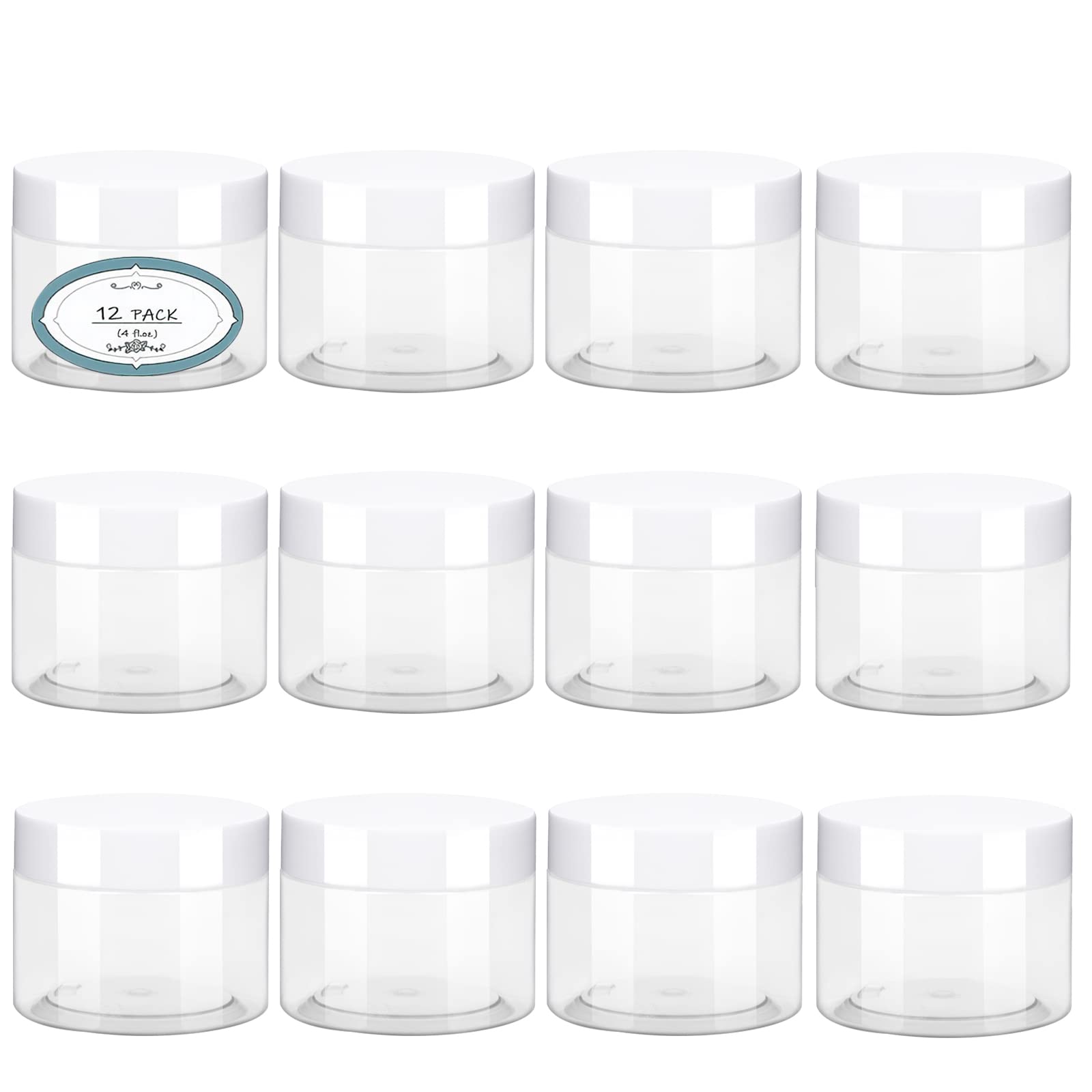 12 Pack 4 oz Small Plastic Containers with Lids and Labels, Clear Round Empty Jars Refillable Cosmetic Jars for Body Butter, Lotion, Body Scrub and Face Cream