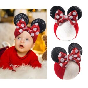 JIAHANG Baby Girl Mouse Ears Headwrap with Sequin Polka Dot Bow, Velvet Turban Hairband, Hair Bow Headband for Toddler, Kids, Party Supplies