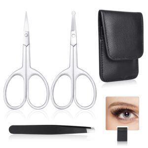 nose hair scissors, ear hair facial hair scissors, eyebrow grooming scissors, stainless steel small beauty trimming scissors, curved and rounded scissors, mirror, travel case, tweezer, men and women