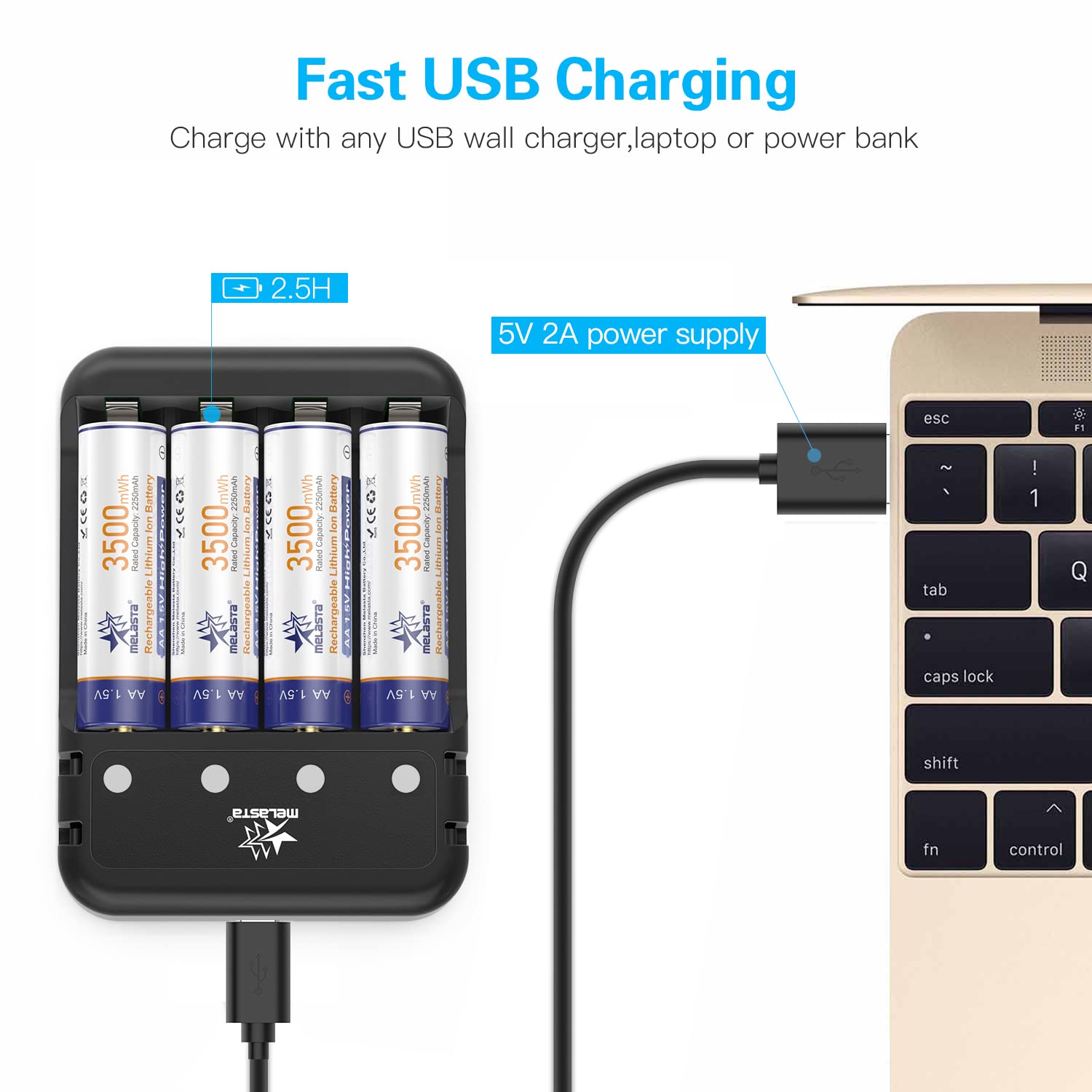 melasta 3500mWh Rechargeable AA Lithium Batteries with Charger, 1.5V Constant Voltage High Power Li-ion Battery