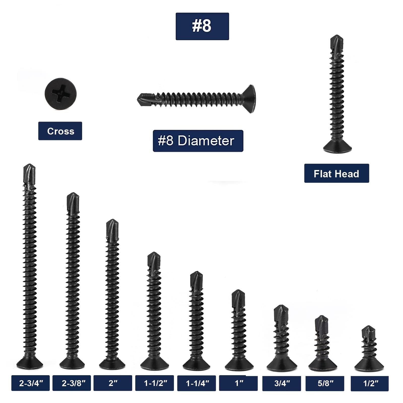 #8 x 3/4" Sheet Metal Screws 100Pcs 410 Stainless Steel Flat Head Fast Self Tapping Screws Black Oxide by SG TZH