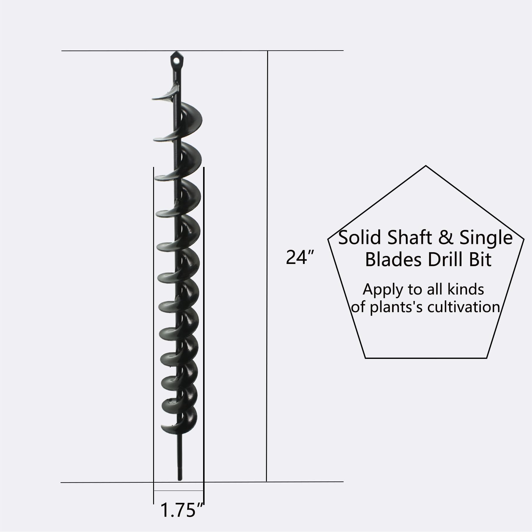 1.75in Wide 24in Long Metal Earth Auger Drill Bit, Steel Auger Bit DIY Auger with 3/8 Non-Slip Hex Drive for Planting Trees and Bedding, Gardening